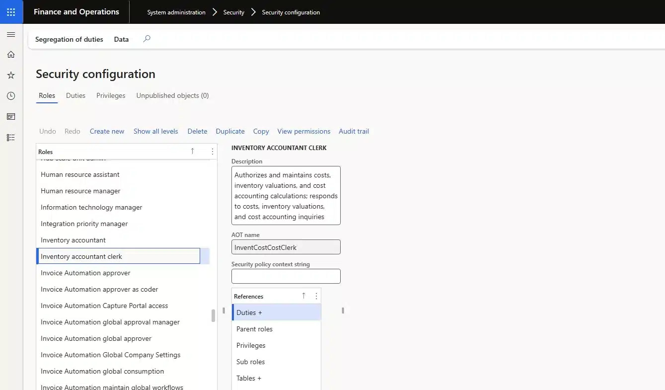 Security access to Roles and Duties